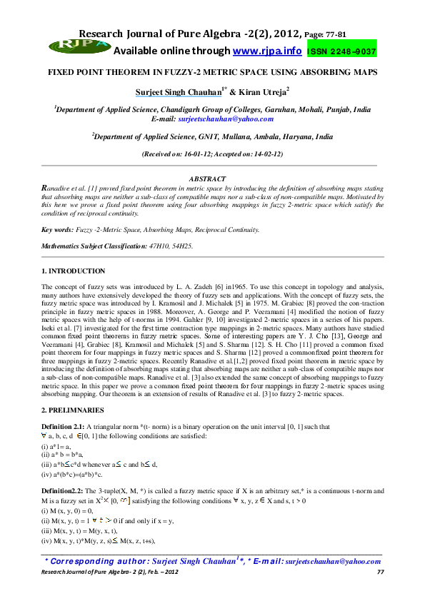 Pdf Fixed Point Theorem In Fuzzy 2 Metric Space Using Absorbing Maps