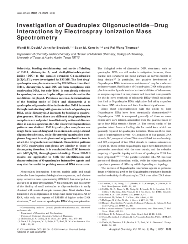 (PDF) Investigation of Quadruplex Oligonucleotide−Drug Interactions by Electrospray Ionization ...