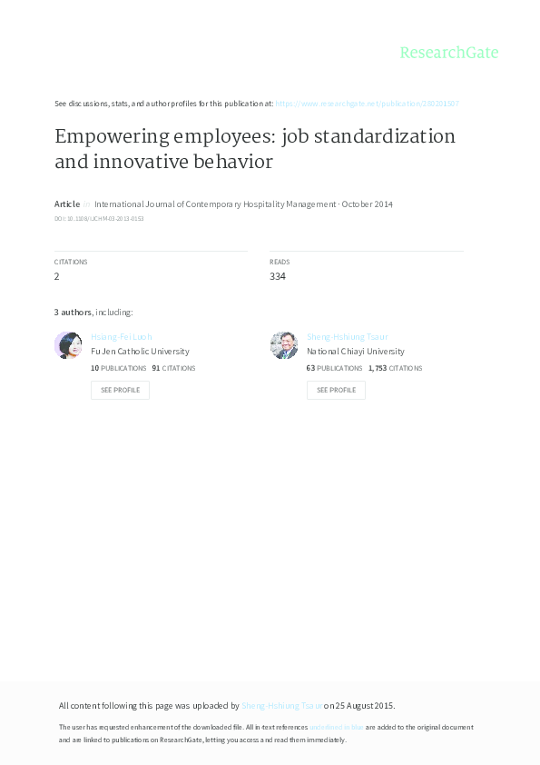 (PDF) Empowering employees: job standardization and innovative behavior