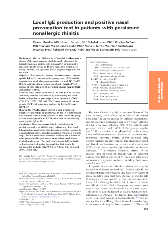 Pdf Local Ige Production And Positive Nasal Provocation Test In