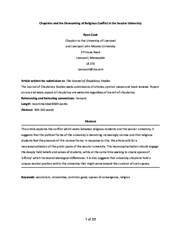 (PDF) Chaplains and the Overcoming of Religious Conflict in the Secular ...