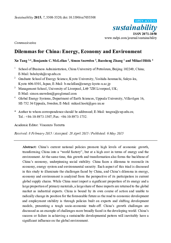 (PDF) Dilemmas for China: Energy, Economy and Environment