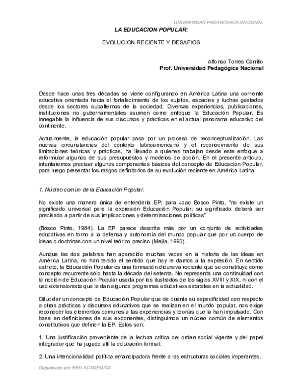 (PDF) La educación popular: evolución reciente y desafíos