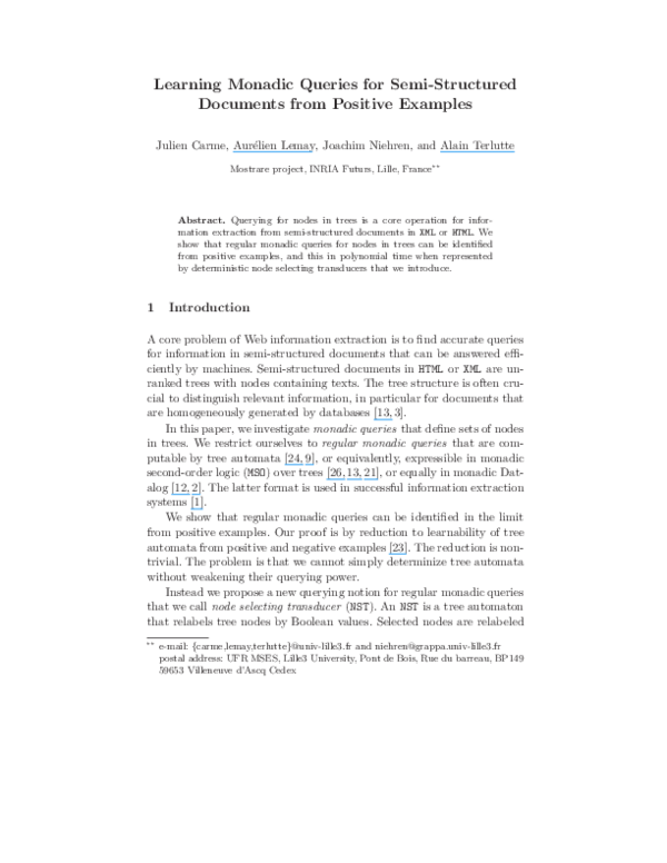 (PDF) Learning Monadic Queries for Semi-Structured Documents from Positive Examples