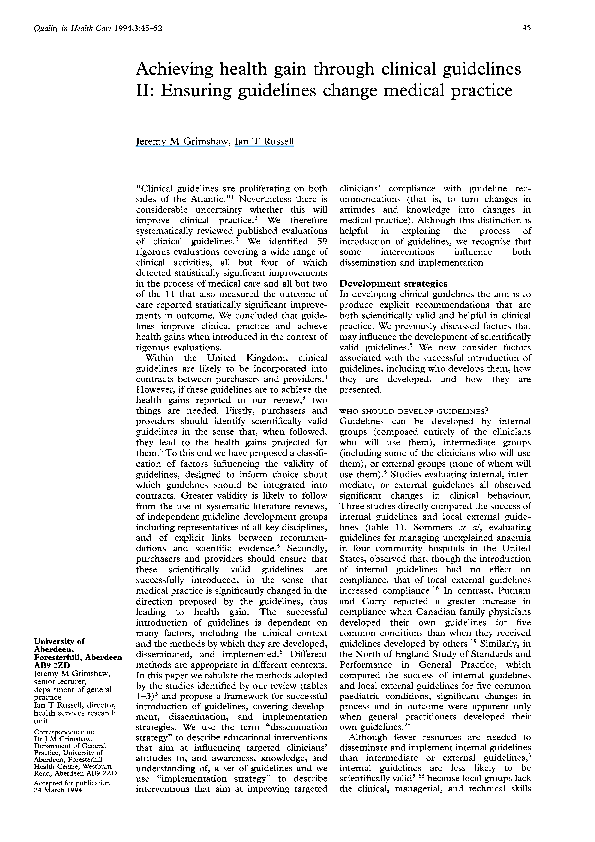 (PDF) Achieving health gain through clinical guidelines II: Ensuring ...