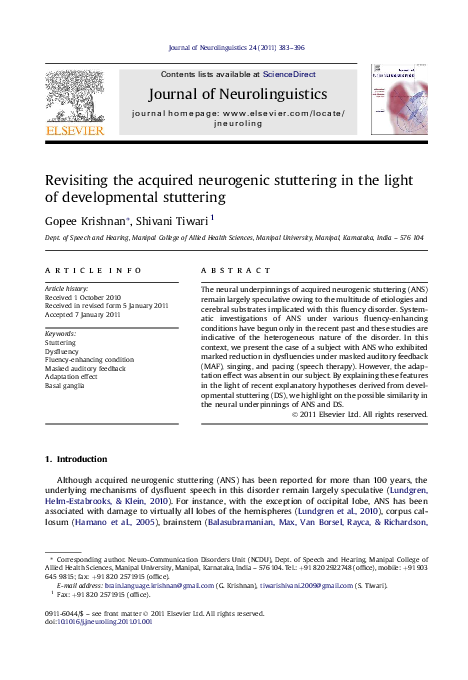 (PDF) Revisiting the acquired neurogenic stuttering in the light of ...
