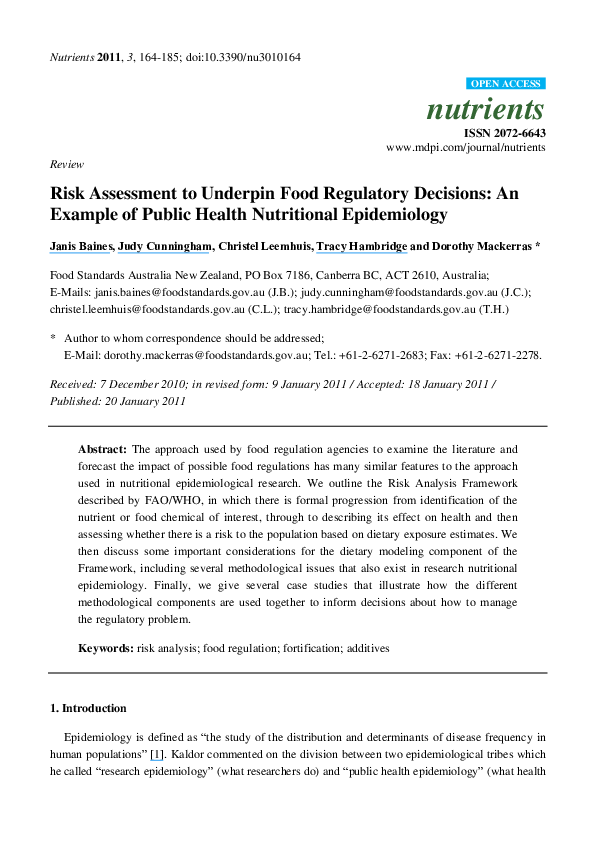 (PDF) Risk assessment to underpin food regulatory decisions: an example ...