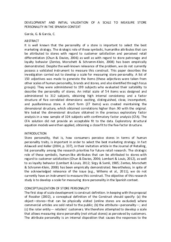 (PDF) DEVELOPMENT AND INITIAL VALIDATION OF A SCALE TO MEASURE STORE PERSONALITY IN THE SPANISH ...