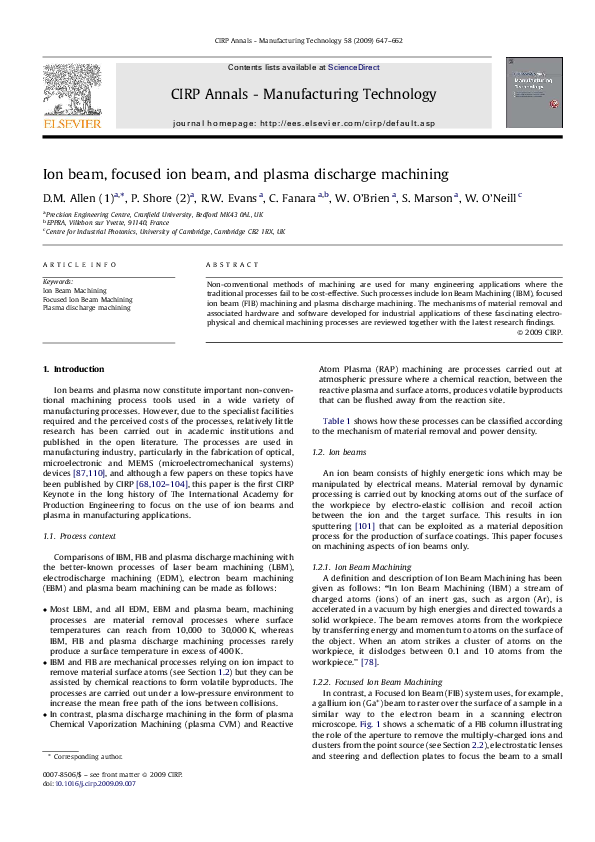 Pdf Ion Beam Focused Ion Beam And Plasma Discharge Machining