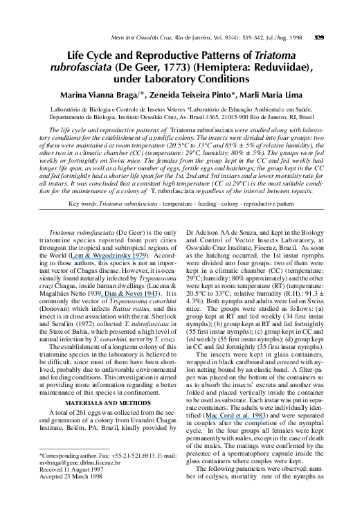 (PDF) Life Cycle and Reproductive Patterns of Triatoma rubrofasciata ...