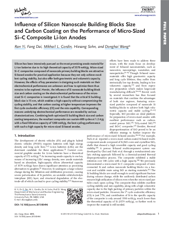 (PDF) Influence of Silicon Nanoscale Building Blocks Size and Carbon Coating on the Performance ...