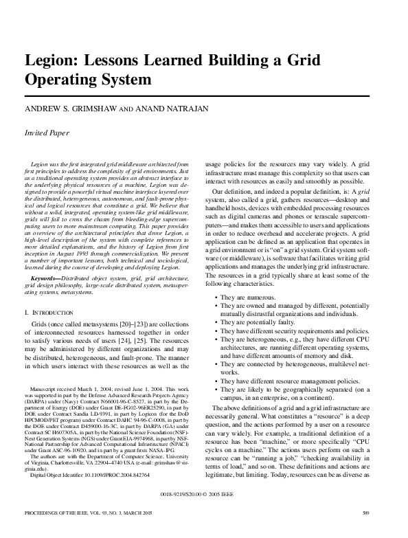 (PDF) Legion: Lessons Learned Building a Grid Operating System
