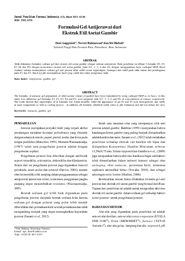 (PDF) Formulasi Gel Antijerawat dari Ekstrak Etil Asetat Gambir