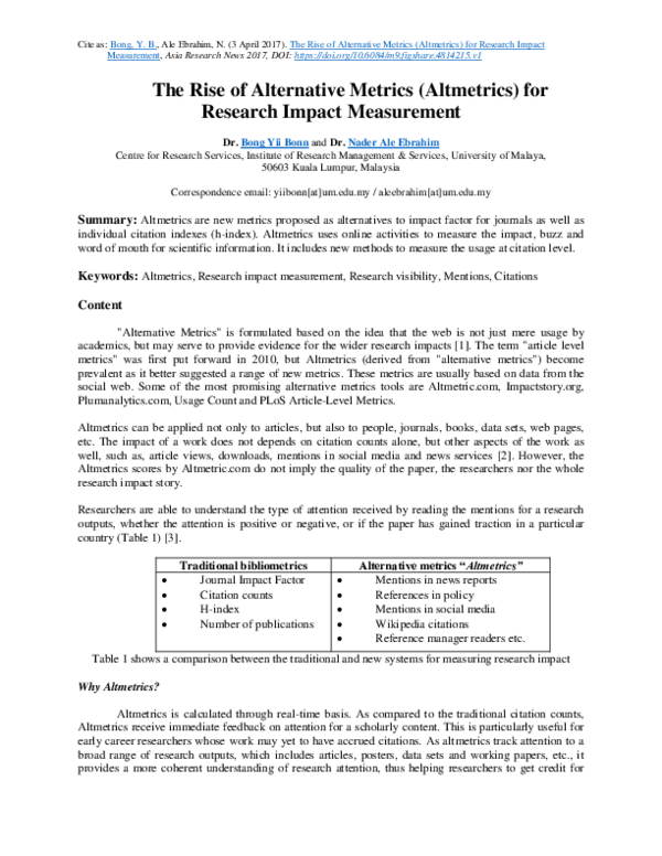 (PDF) The Rise of Alternative Metrics (Altmetrics) for Research Impact ...