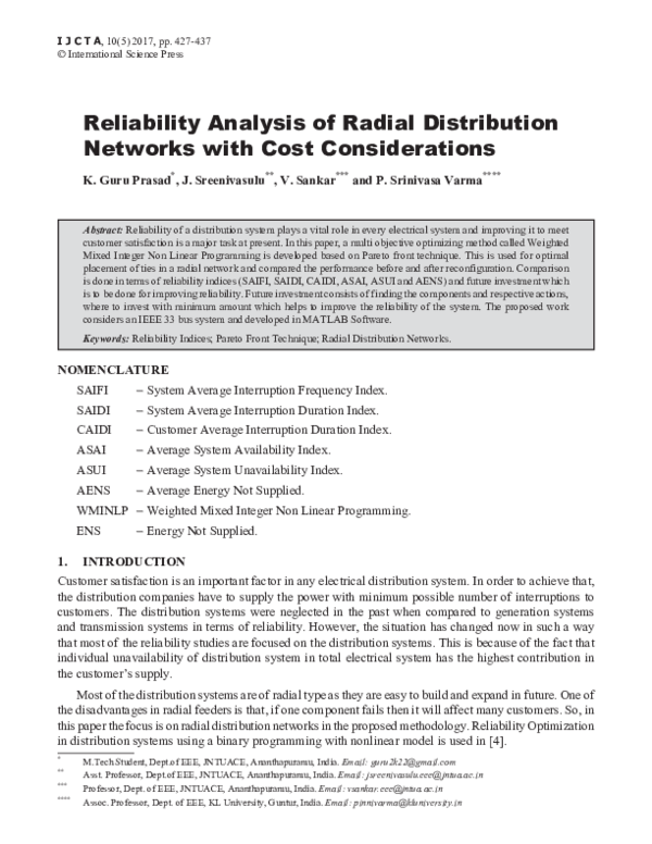 (PDF) Reliability Analysis of Radial Distribution Networks with Cost Considerations