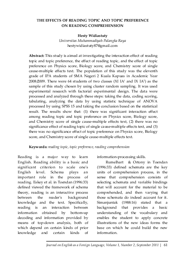 (PDF) THE EFFECTS OF READING TOPIC AND TOPIC PREFERENCE ON READING ...