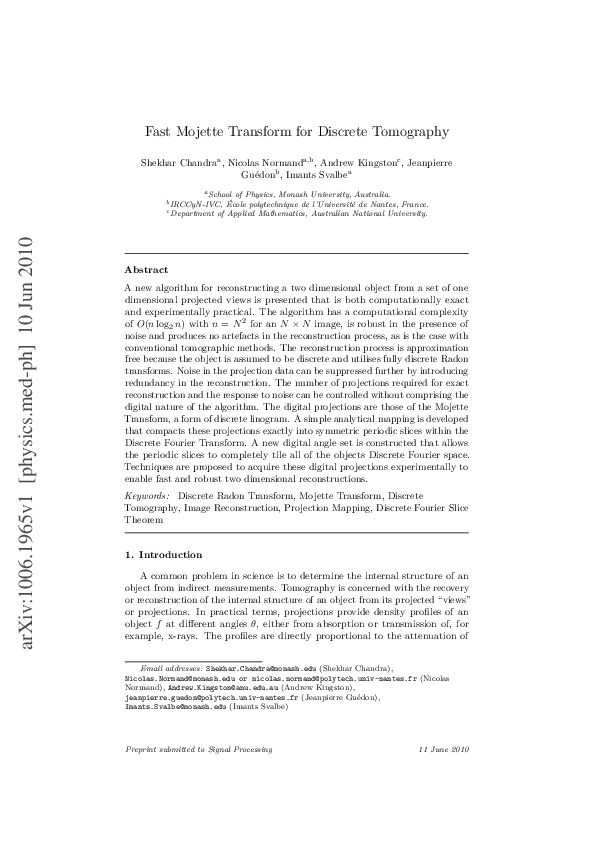 (PDF) Fast Mojette Transform for Discrete Tomography