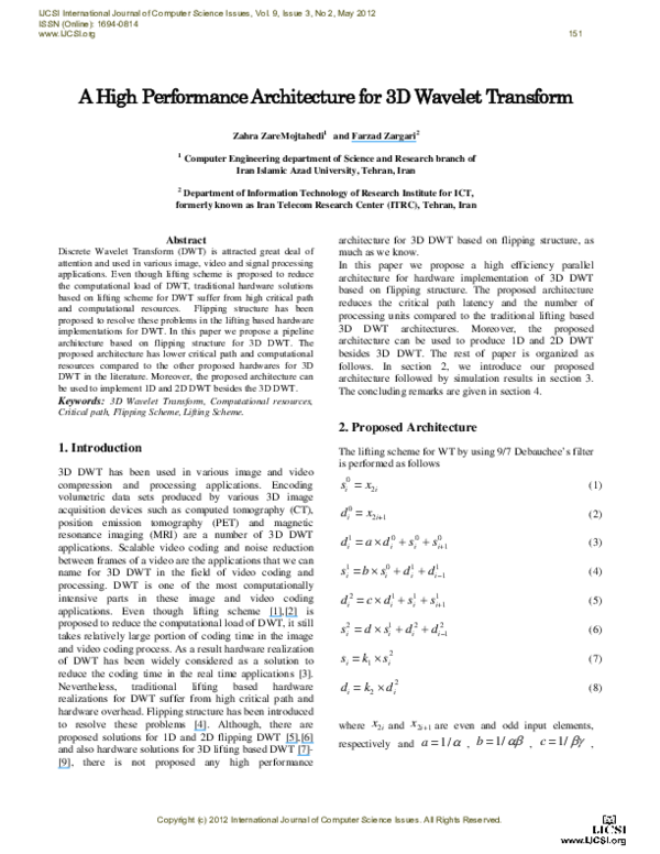 (PDF) A High Performance Architecture for 3D Wavelet Transform | Farzad ...