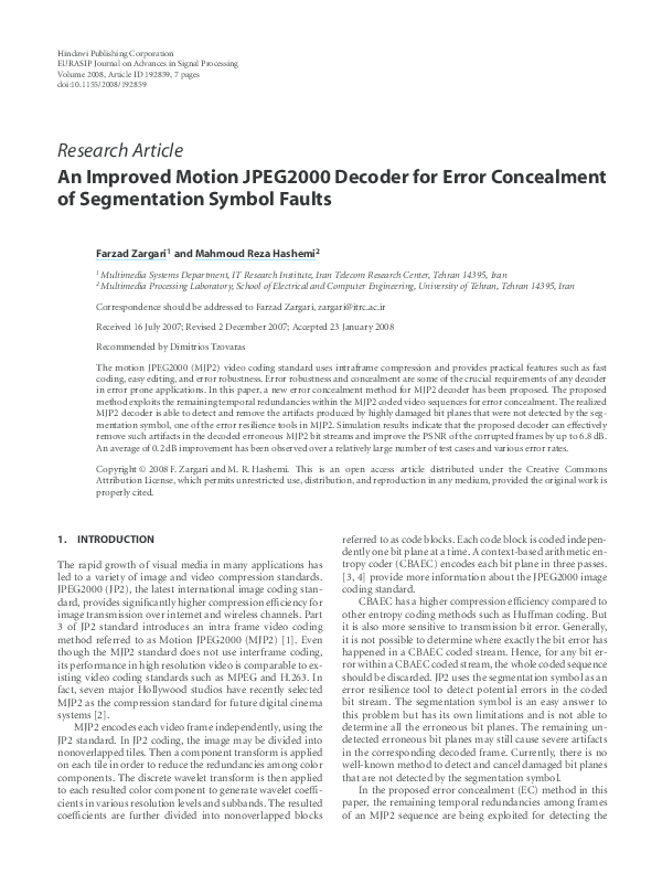 Pdf An Improved Motion Jpeg2000 Decoder For Error Concealment Of Segmentation Symbol Faults