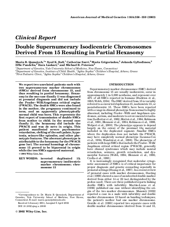 (PDF) Double supernumerary isodicentric chromosomes derived from 15 ...