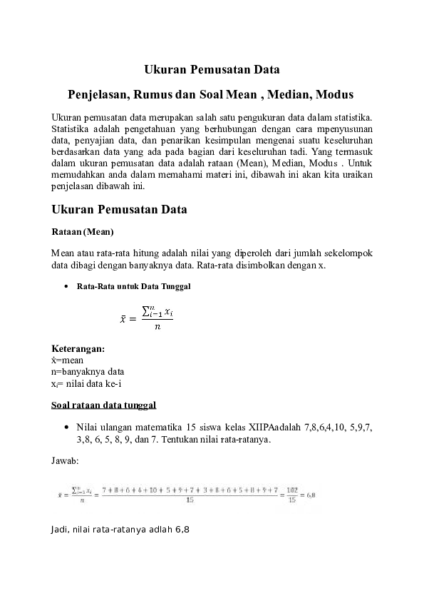 (DOC) Ukuran Pemusatan Data Penjelasan, Rumus dan Soal Mean , Median, Modus