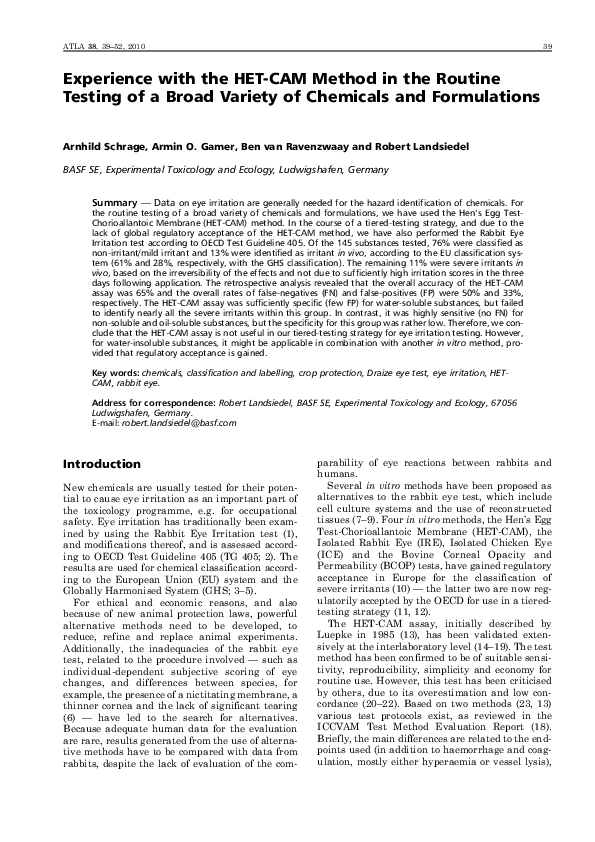(PDF) Experience with the HET-CAM Method in the Routine Testing of a ...