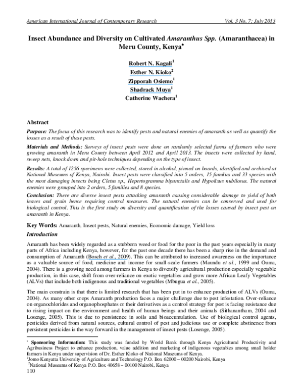 (PDF) Insect Abundance and Diversity on Cultivated Amaranthus Spp ...