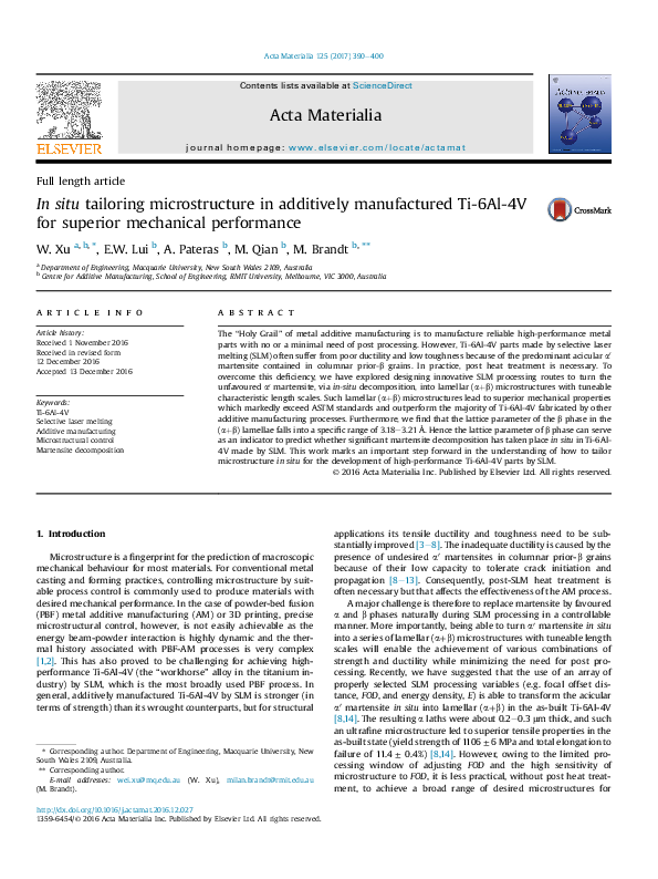 (PDF) In situ tailoring microstructure in additively manufactured Ti-6Al-4V for superior ...