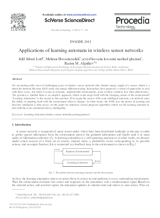 (PDF) Applications of learning automata in wireless sensor networks
