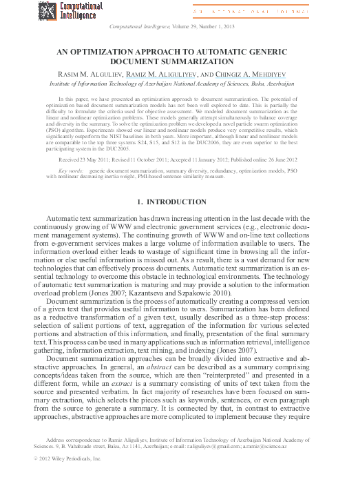 (PDF) An Optimization Approach to Automatic Generic Document Summarization