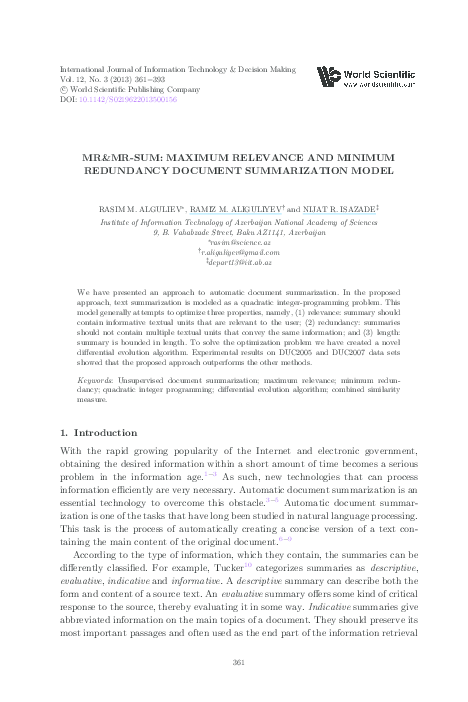Pdf Mrandmr Sum Maximum Relevance And Minimum Redundancy Document Summarization Model