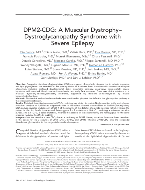 (PDF) DPM2-CDG: A muscular dystrophy-dystroglycanopathy syndrome with ...