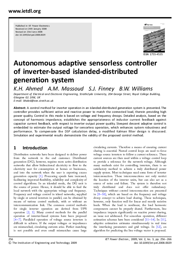 (PDF) Autonomous adaptive sensorless controller of inverter-based islanded-distributed ...