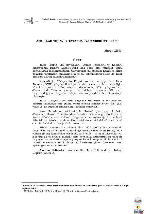 (PDF) ABDULLAH TUKAY'IN TATARCA ÜZERİNDEKİ ETKİLERİ