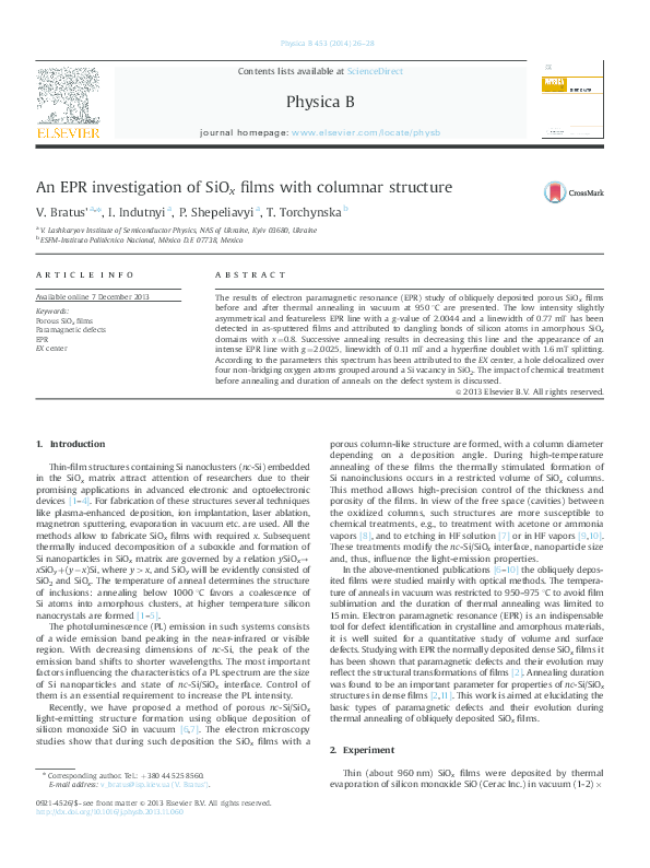 (PDF) An EPR investigation of SiO x films with columnar structure