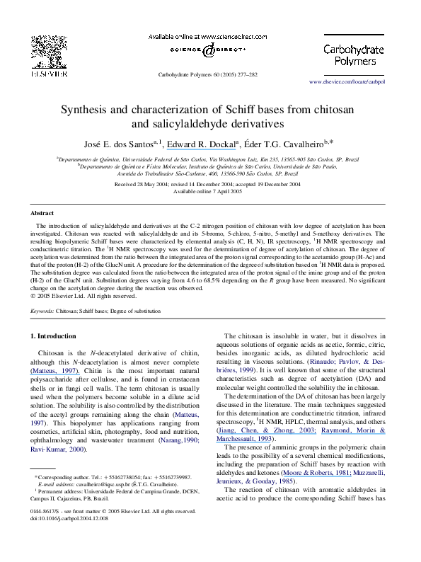 (PDF) Synthesis and characterization of Schiff bases from chitosan and salicylaldehyde derivatives