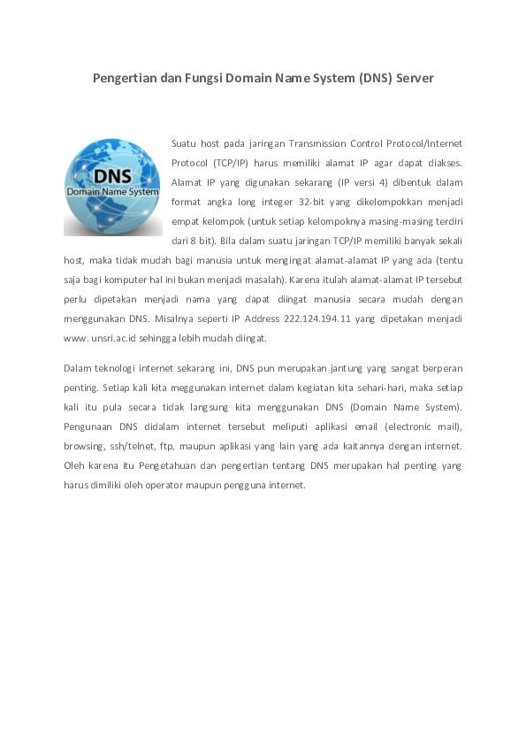(PDF) Pengertian dan Fungsi Domain Name System (DNS) Server (PDF) Pengertian dan Fungsi Domain Name System (DNS) Server
