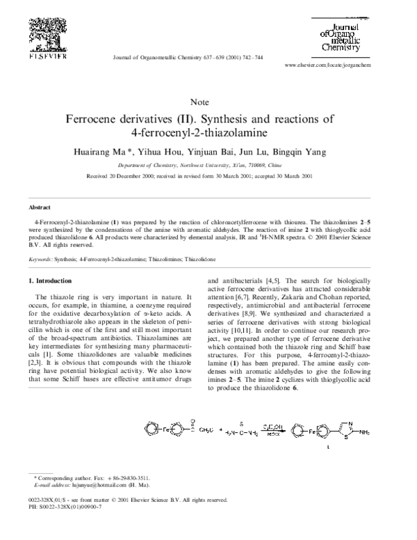 (PDF) Ferrocene derivatives (II). Synthesis and reactions of 4-ferrocenyl-2-thiazolamine