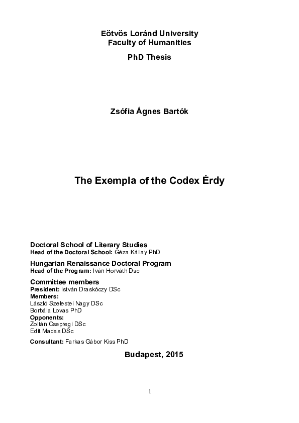 (PDF) The Exempla of the Codex Érdy_abstract | Zsófia Ágnes Bartók ...