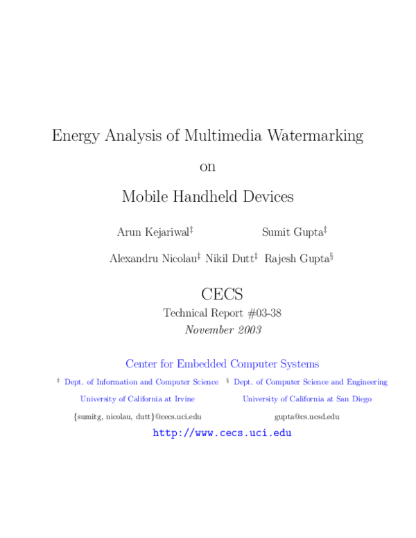 (PDF) Energy analysis of multimedia watermarking on mobile handheld devices