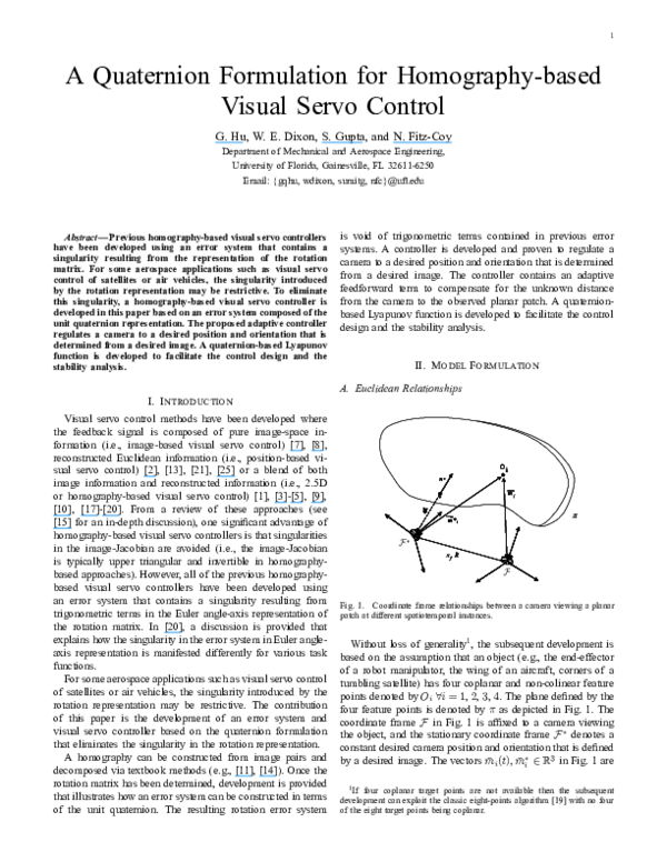 (PDF) A quaternion formulation for homography-based visual servo control