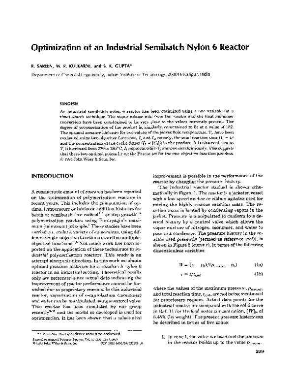 Pdf Optimization Of An Industrial Semibatch Nylon 6 Reactor