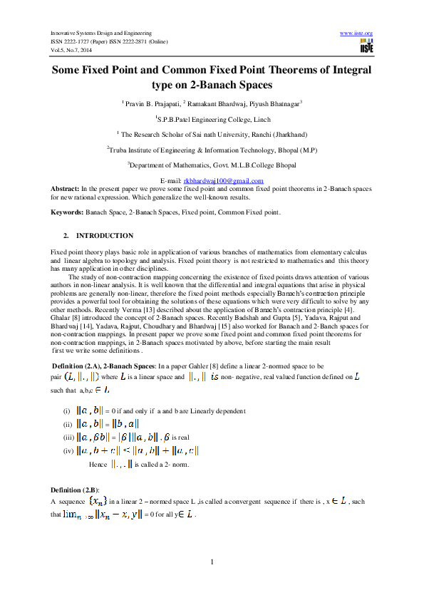 (PDF) Some Fixed Point and Common Fixed Point Theorems of Integral type on 2-Banach Spaces