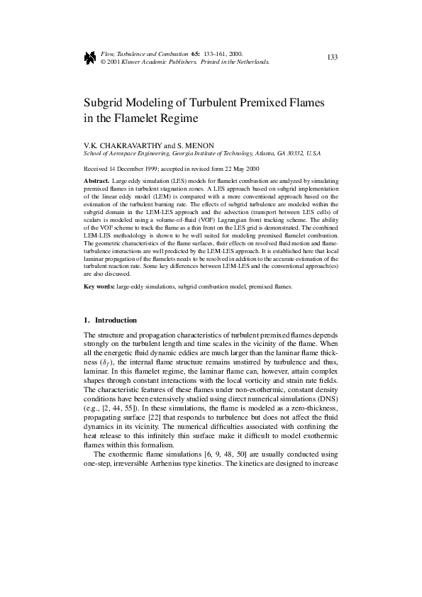 (PDF) Subgrid modeling of turbulent premixed flames in the flamelet regime | suresh menon ...