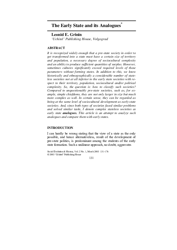 (PDF) The Early State and its Analogues. Social Evolution & History ...