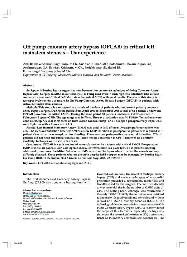 (PDF) Off pump coronary artery bypass (OPCAB) in critical left mainstem ...