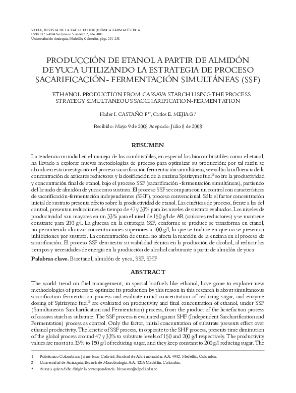(PDF) Ethanol Production from Cassava Starch Using the Process Strategy Simultaneous ...