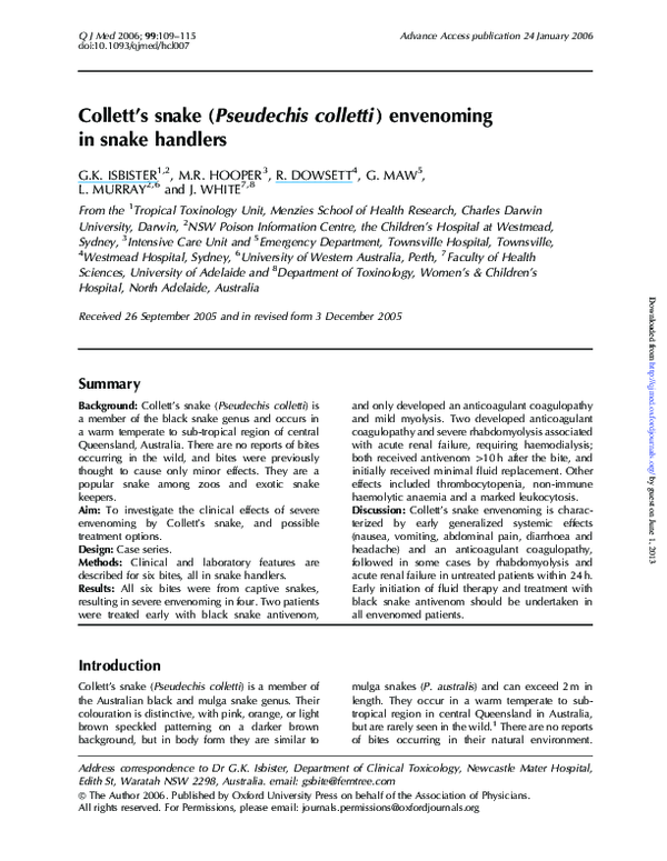 (PDF) Collett's snake (Pseudechis colletti) envenoming in snake handlers