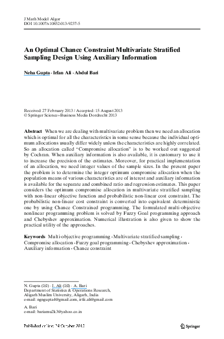 (PDF) An Optimal Chance Constraint Multivariate Stratified Sampling Design Using Auxiliary ...