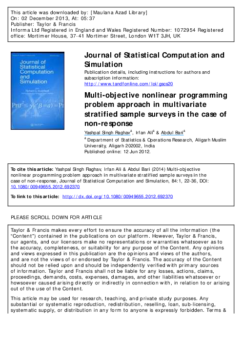 Pdf Multi Objective Nonlinear Programming Problem Approach In Multivariate Stratified Sample